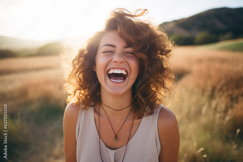 Infectious laughter - A joy-filled woman, eyes shut in pure amusement ...