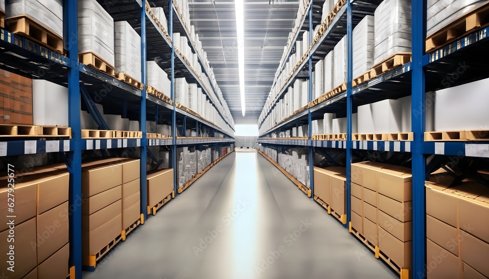 a modern warehouse interior, with rows of high shelves stretching into ...