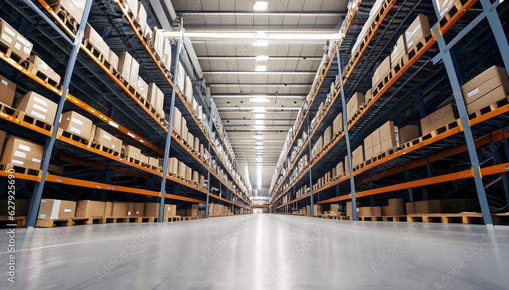 a modern warehouse interior, with rows of high shelves stretching into ...