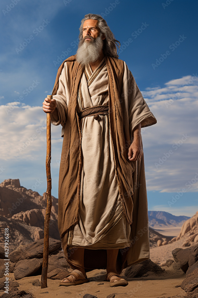 Biblical Moses standing in the Sinai desert wilderness, holding staff ...