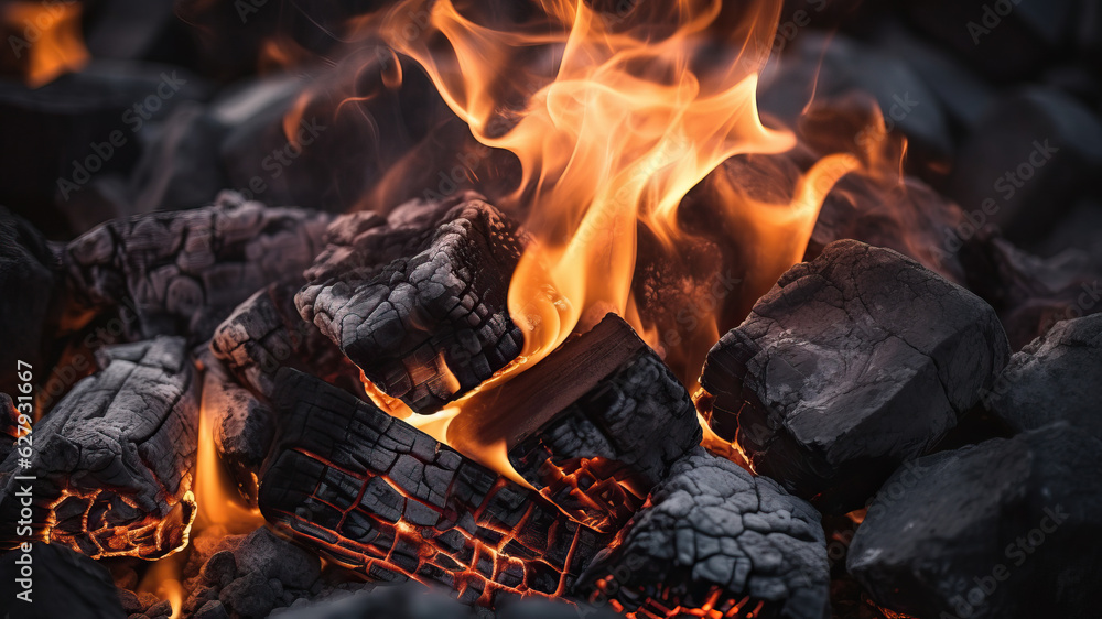 Close-up of burning lumpy briquette coal as an abstract background. The ...