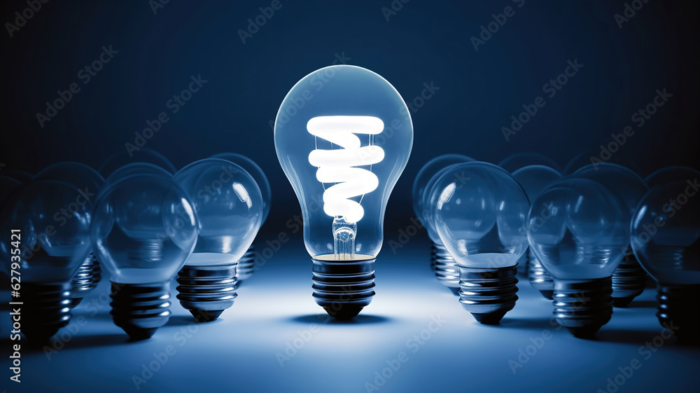 Among the collection of light bulbs, only one is lit with a deep blue ...