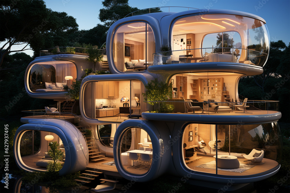 Modern house. architecture of the future. Indirect lighting, nature ...