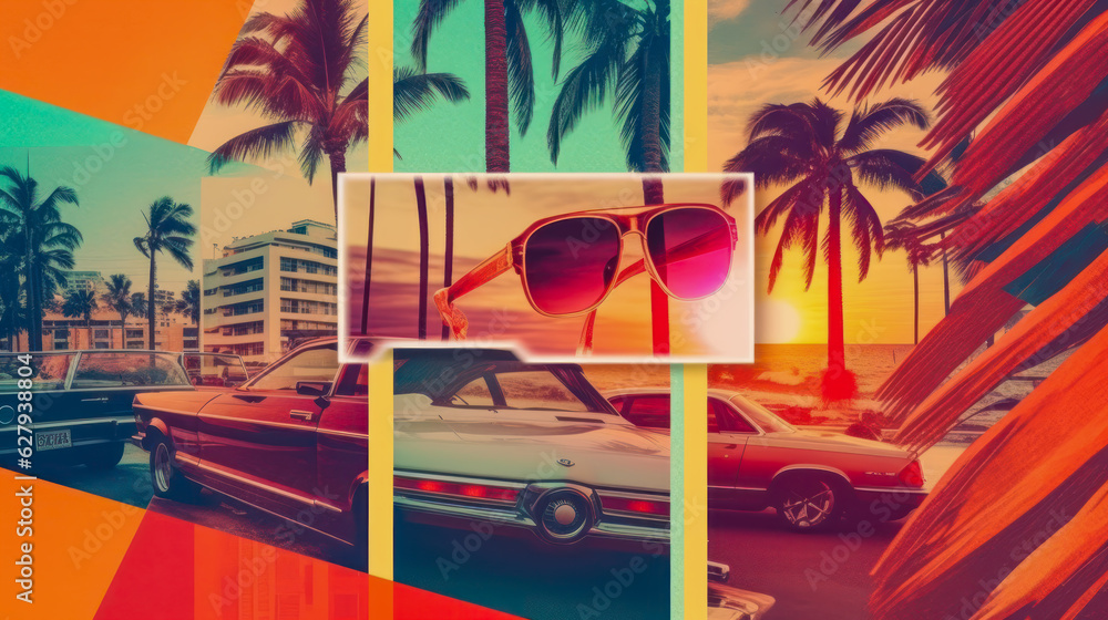 Vintage Car Palm Tree and Sunglasses in Retro Filter AI Generated Stock ...