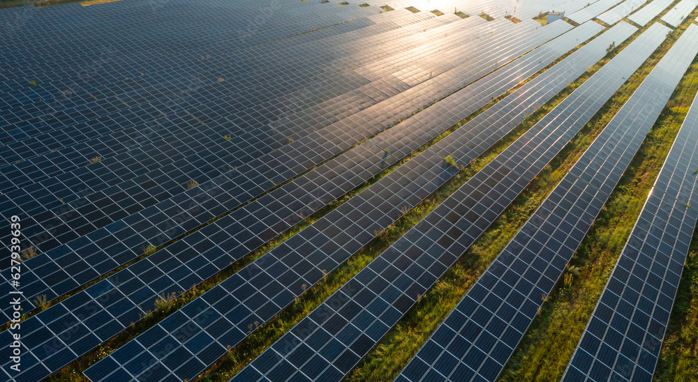 Solar panel park. Aerial photo with a big solar photovoltaic energy ...