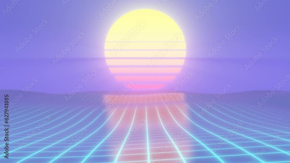 Retro Synthwave 80s Sun Above Wireframe Grid Neon Glowing Ocean Waves - 4K Seamless VJ Loop ...