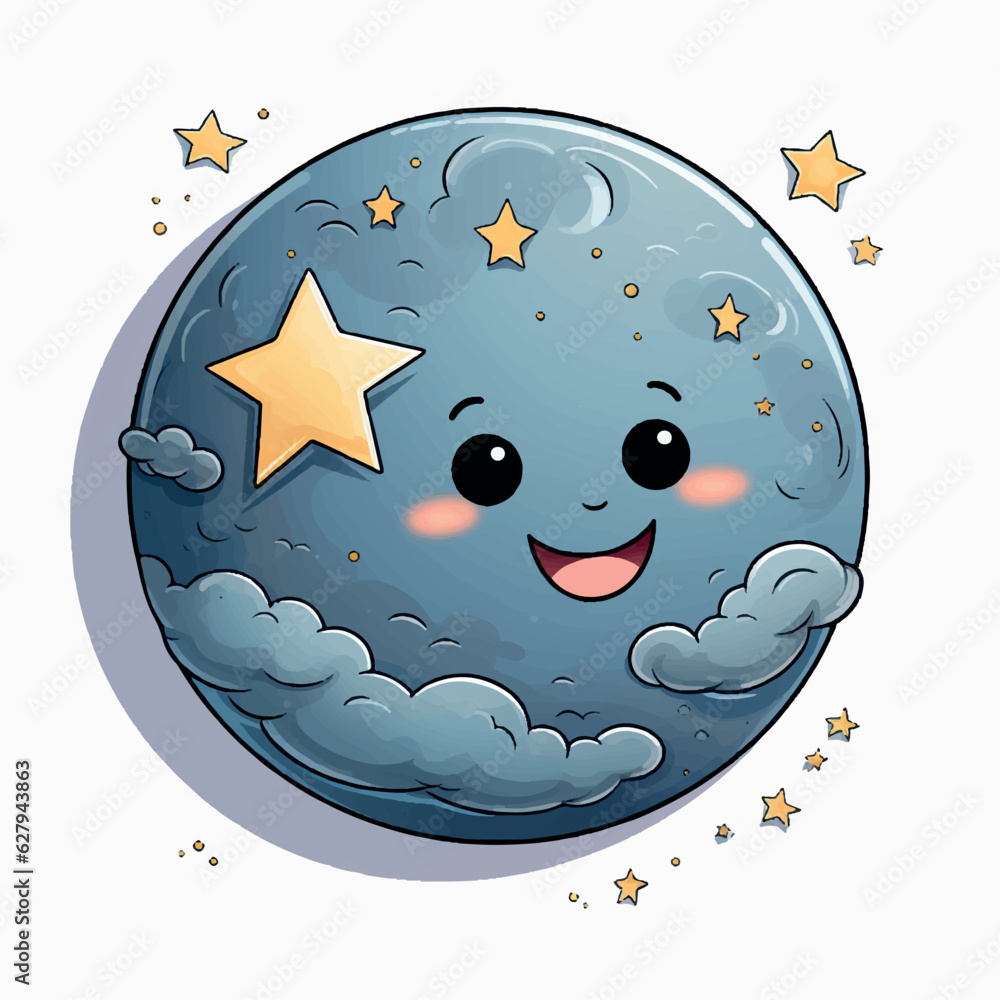 lua azul em formato de cartoon, sorridente e alegre, estrelas estão em ...