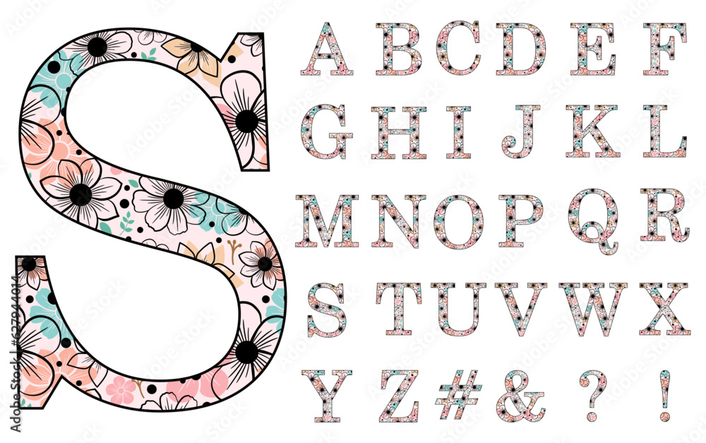 Floral Alphabet Set Full color Vector Design, Flower Alphabet Bundle ...