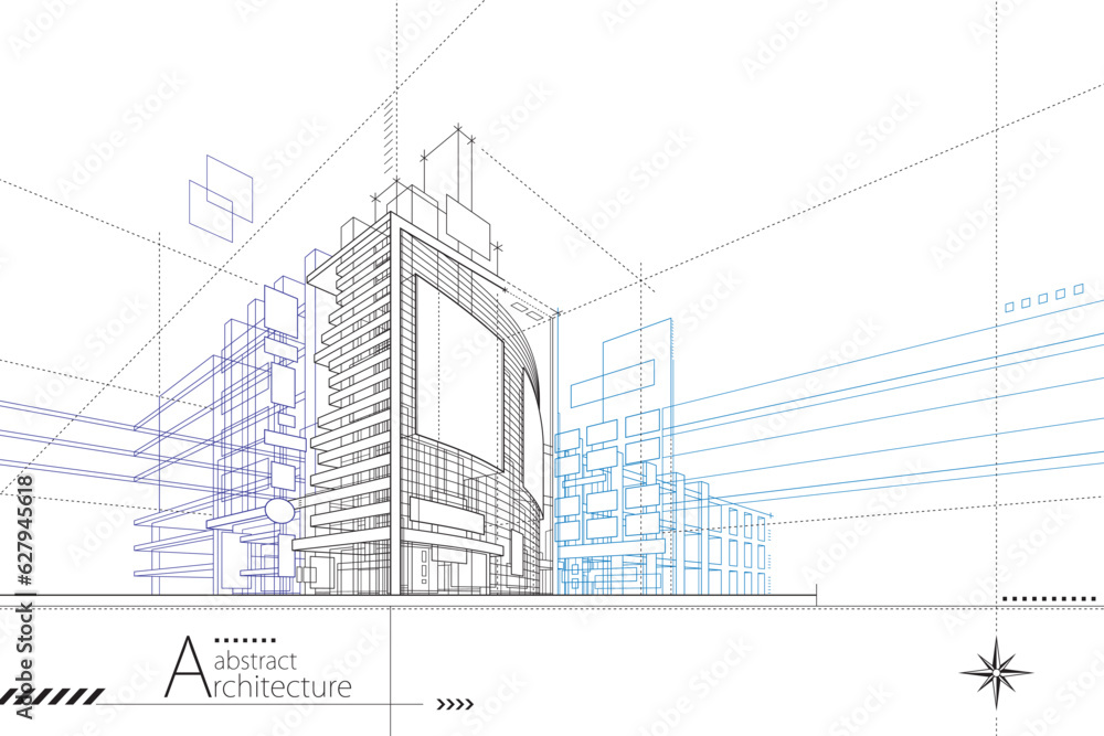 3D illustration abstract modern urban building out-line drawing of ...