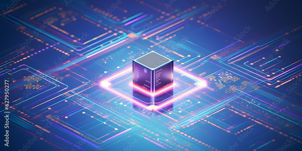 Data Storage Cube Between Neon Pathways Quantum Computing Database
