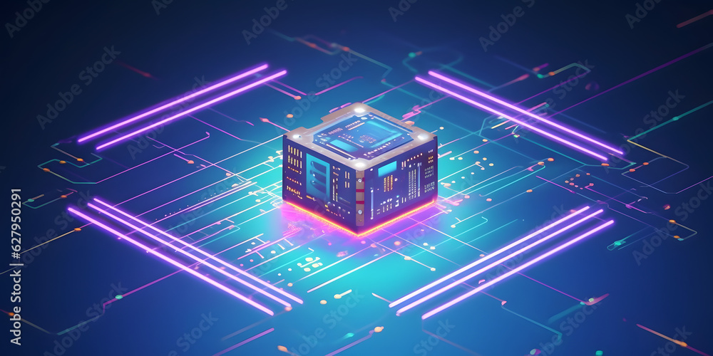 Data storage cube between neon pathways. Quantum computing, database, cloud computing concept ...