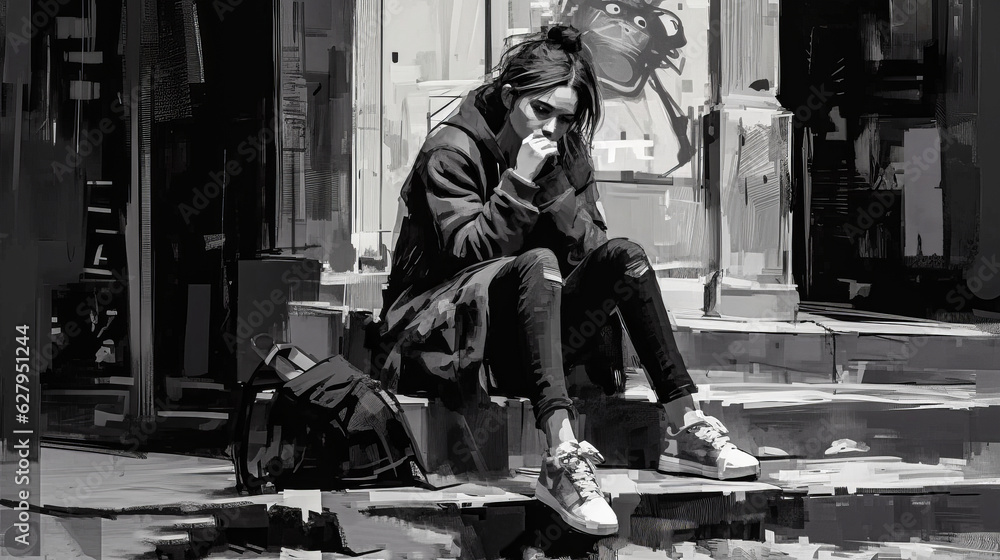 Painting of a homelessness girl sitting on a sidewalk Stock ...