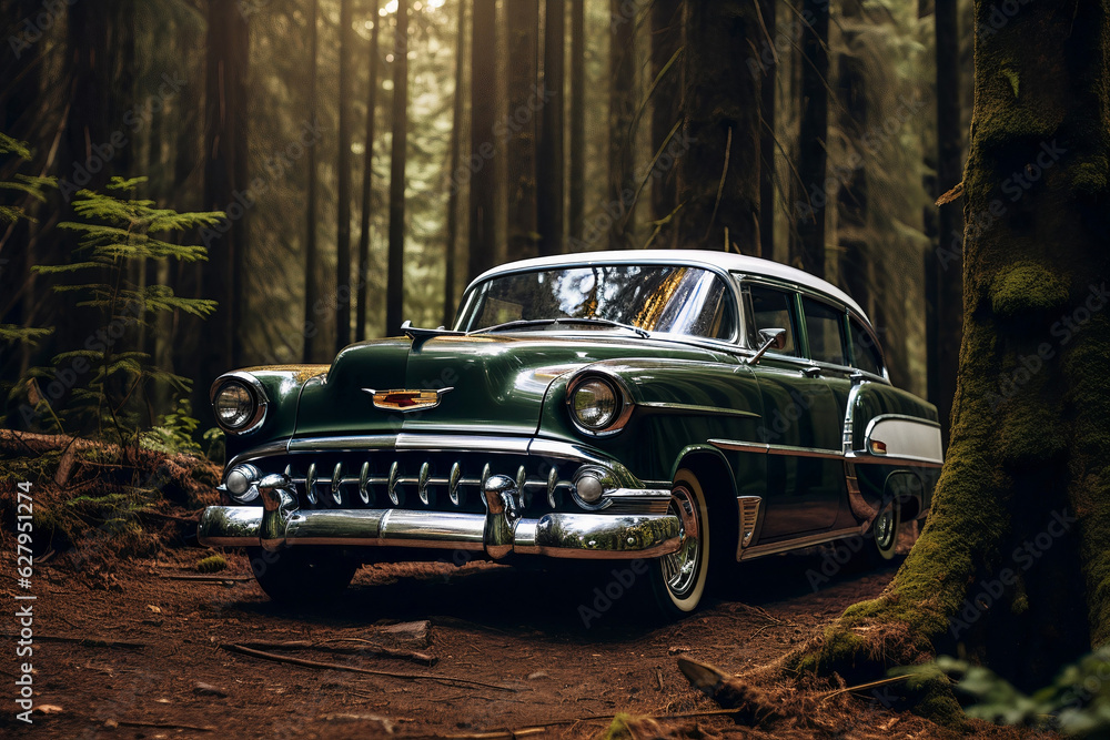 Green retro car in the middle of the forest. Car in the forest. AI ...