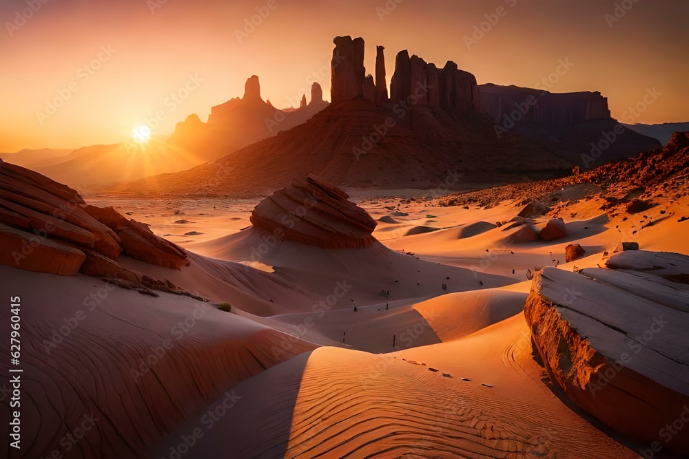 In a vast and secluded desert valley, rocky formations emerge like ...