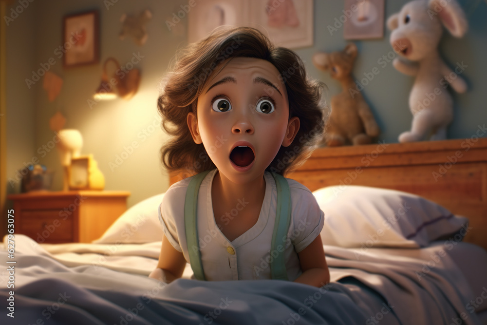 Frightened cute screaming girl waking up in bedroom, excited baby in ...