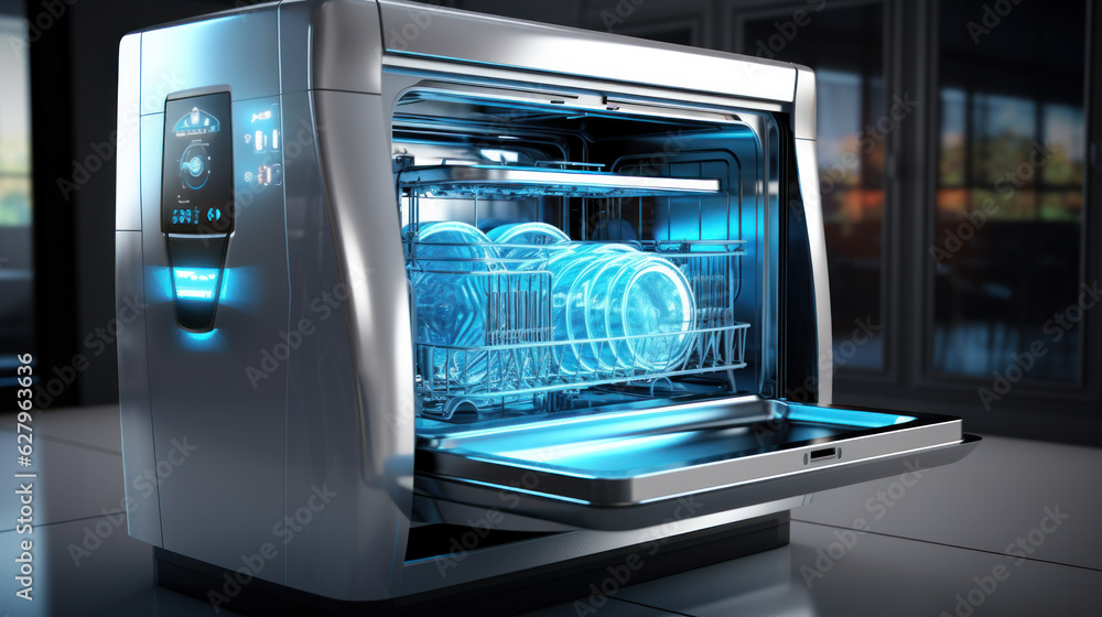 Open dishwasher with clean dishes in kitchen Stock Illustration | Adobe ...