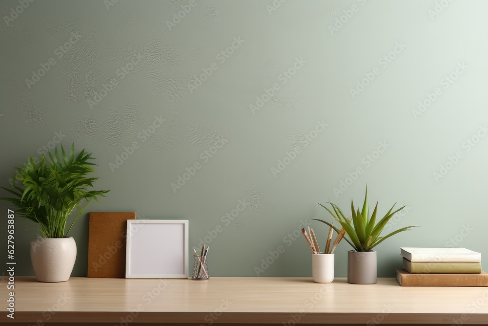 Front view Office desk with office tools, computer laptop on wood table ...