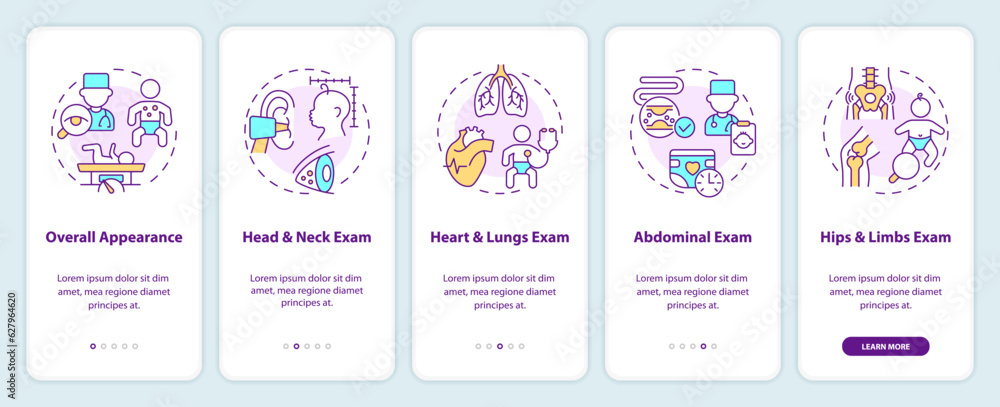 Baby physical exam onboarding mobile app screen. Newborn healthcare ...