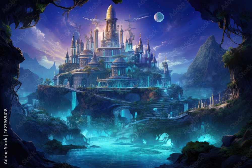 Fantasy landscape with fantasy castle and moon. 3D illustration. A ...