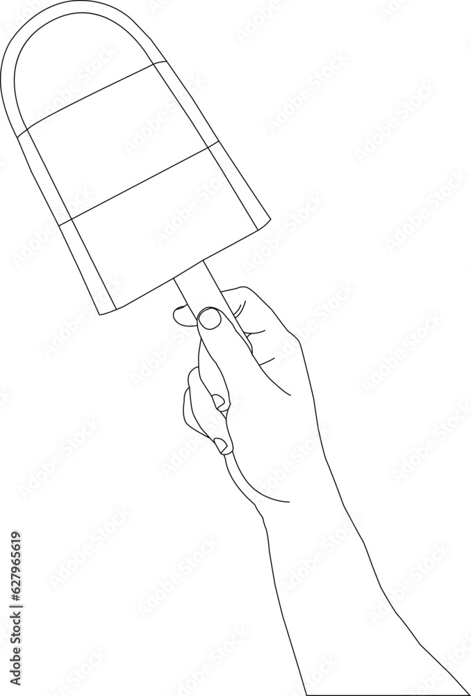 One Line Drawing Hand Holding Ice Cream And Outline Vector On White