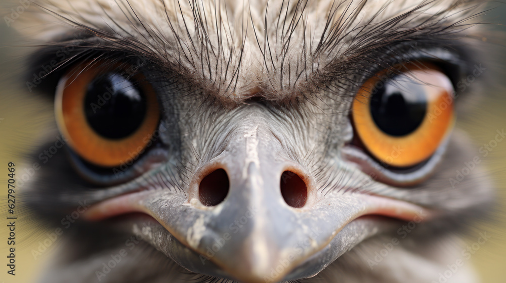 Head of ostrich on clear sky backdrop. Beak of ostrich. Portrait of ...