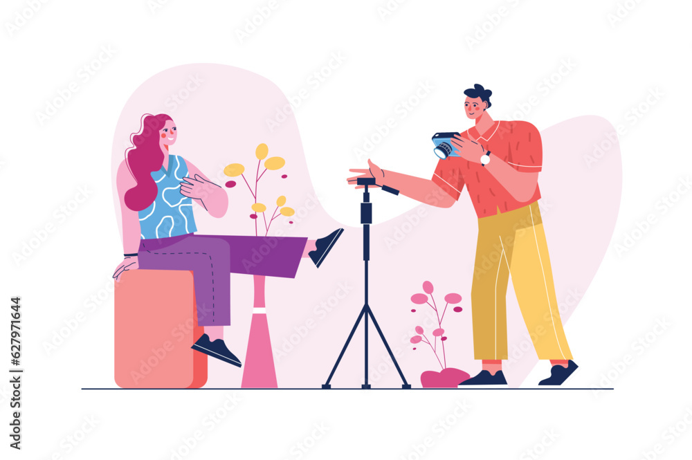 Photographing concept with people scene in the flat cartoon style. The ...