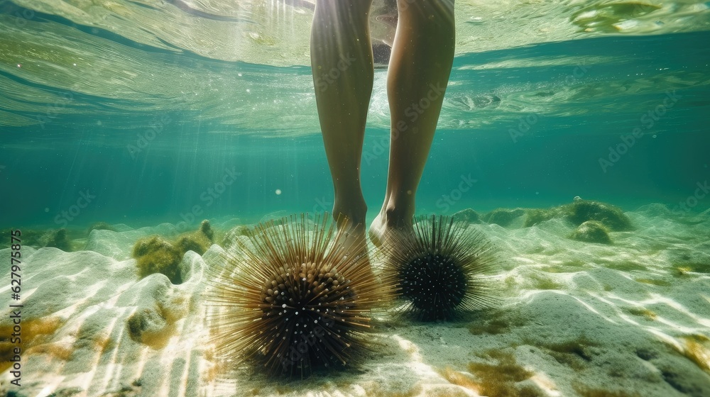 Tourist legs step on sea urchin, underwater view of woman legs near sea ...