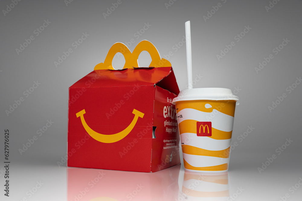 Mcdonald Happy meal with smile on white background. McDonalds kids ...