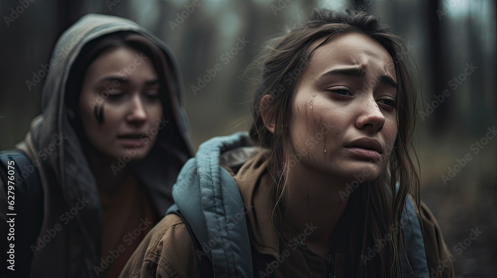 Two upset lost girls in wet gloomy forest, lonely crying women lost in ...