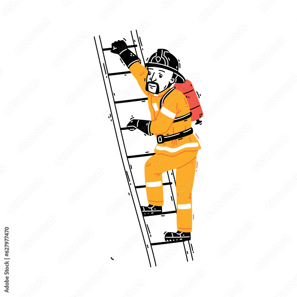 Vetor de Man Firefighter Character in Helmet and Uniform Climb Ladder ...