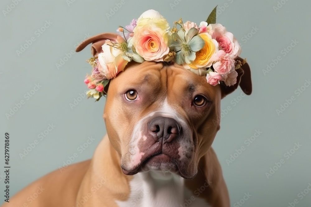 Staffordshire Bull Terrier dog with flower crown on head on pastel ...