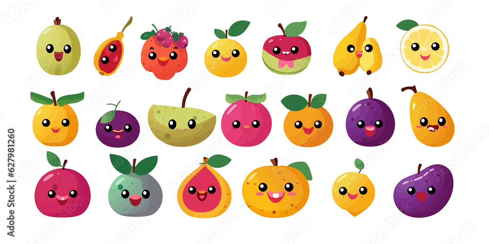 Set of colorful cartoon smiling fruit icons apple pear strawberry ...
