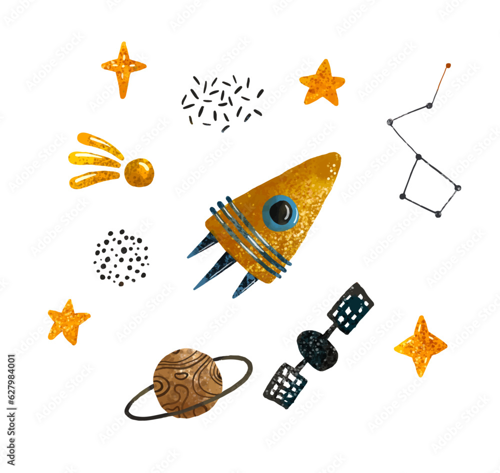 Space illustration in childish style. Set of cosmos elements such as ...
