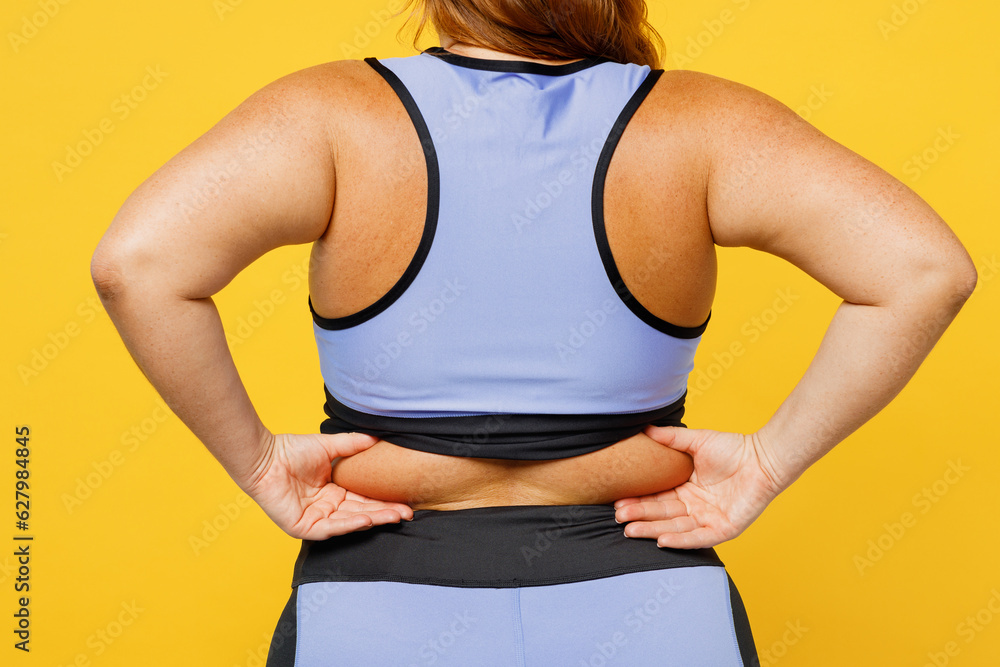 Close up rear view young chubby overweight plus size big fat fit woman ...