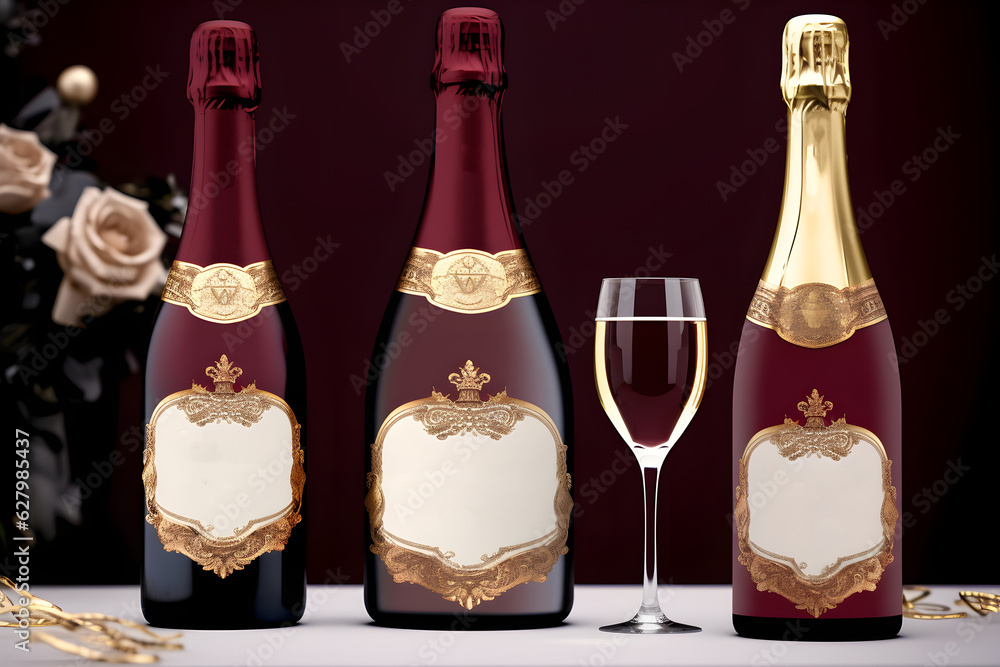 Wedding royal champagne set of labels on full and mini bottle. Deep ...