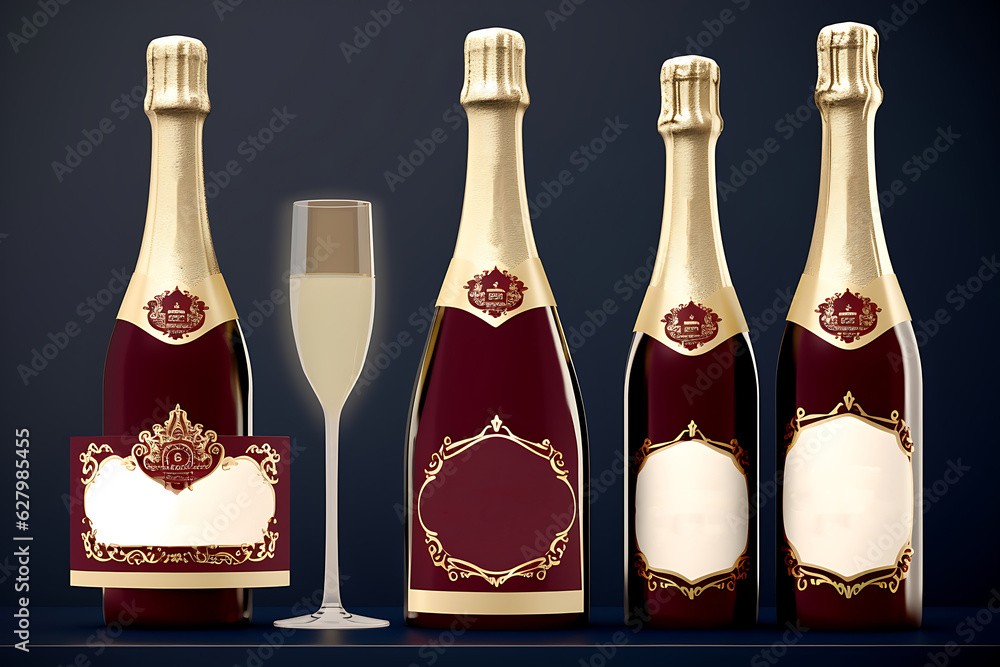 Wedding royal champagne set of labels on full and mini bottle. Deep ...