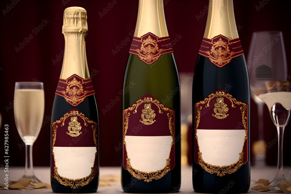 Wedding royal champagne set of labels on full and mini bottle. Deep ...