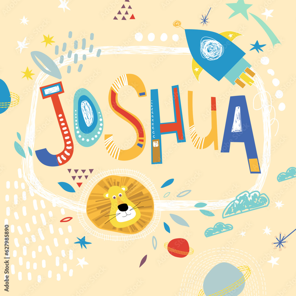 Bright card with beautiful name Joshua in planets, lion and simple ...