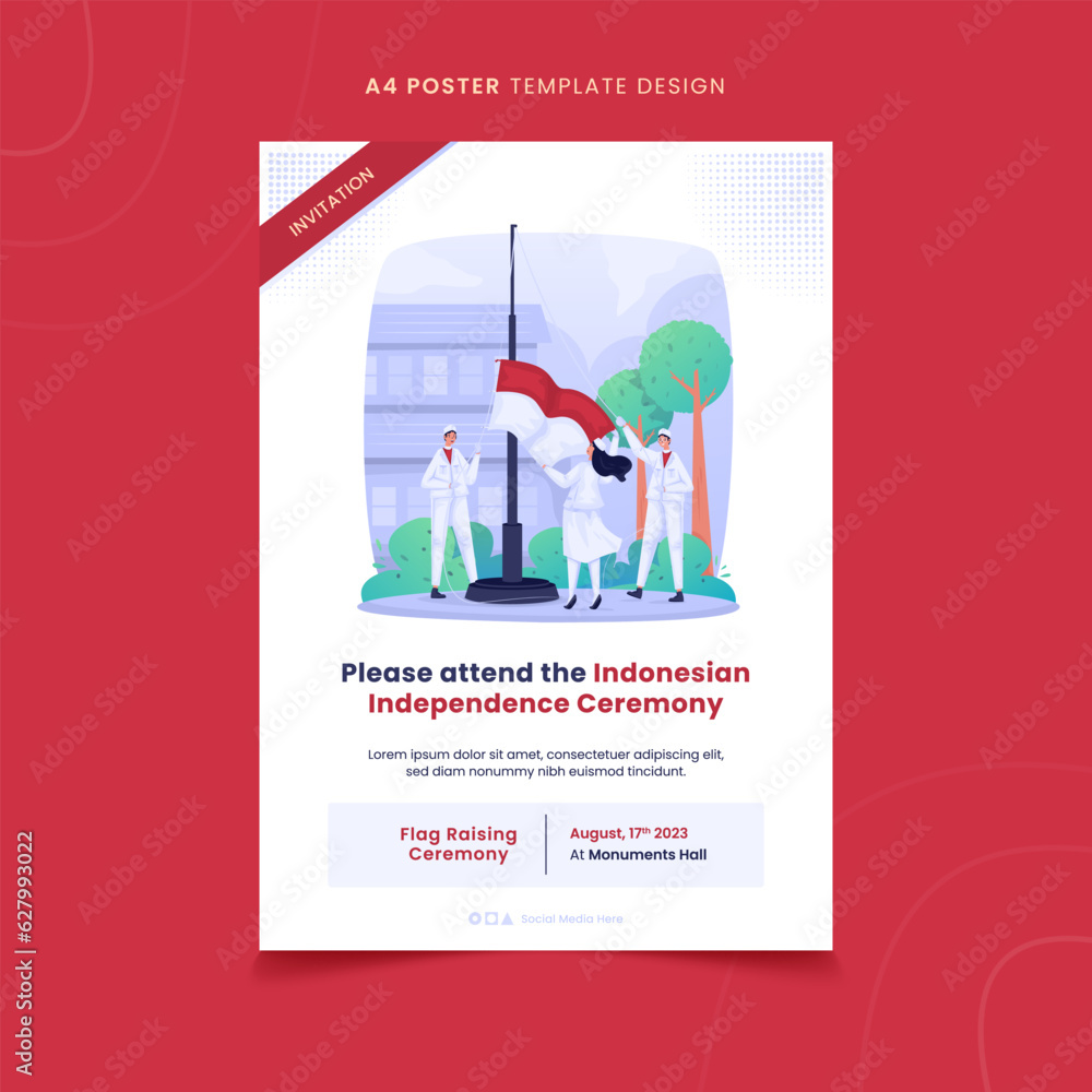 Indonesian flag raising ceremony illustration on poster invitation ...