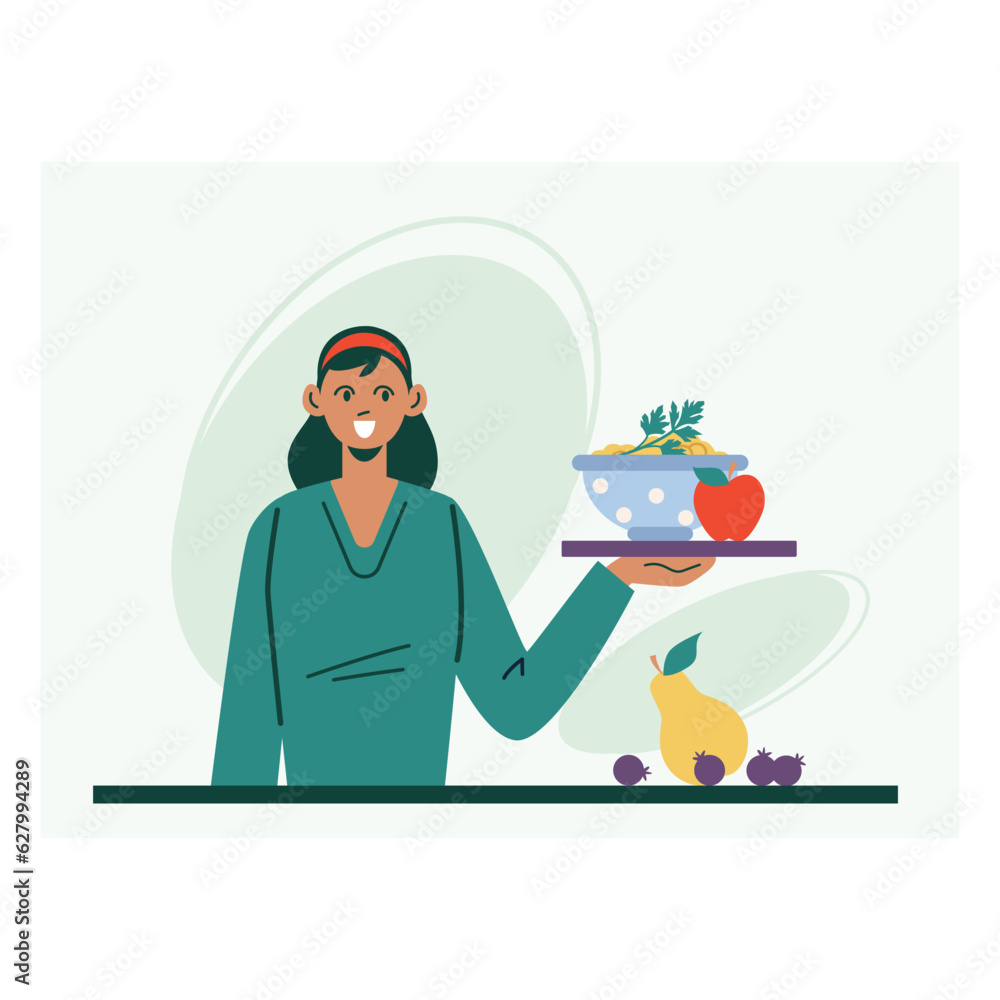 Smiling female ready to eat healthy nutrition. Right choose of healthy ...