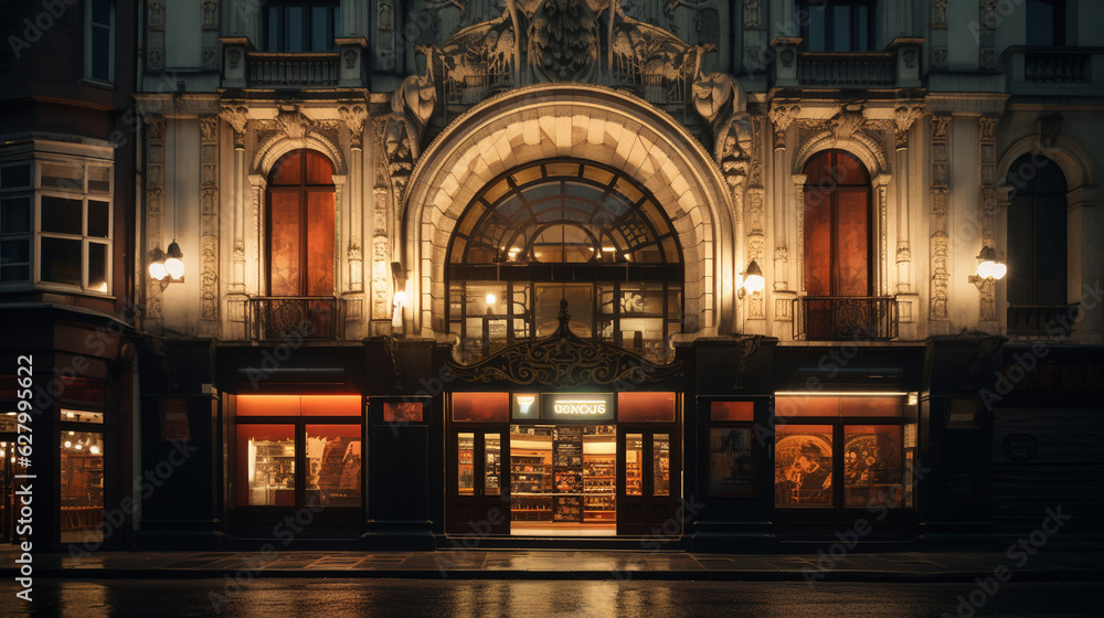 An enchanting vintage cinema facade on a bustling street, capturing the ...