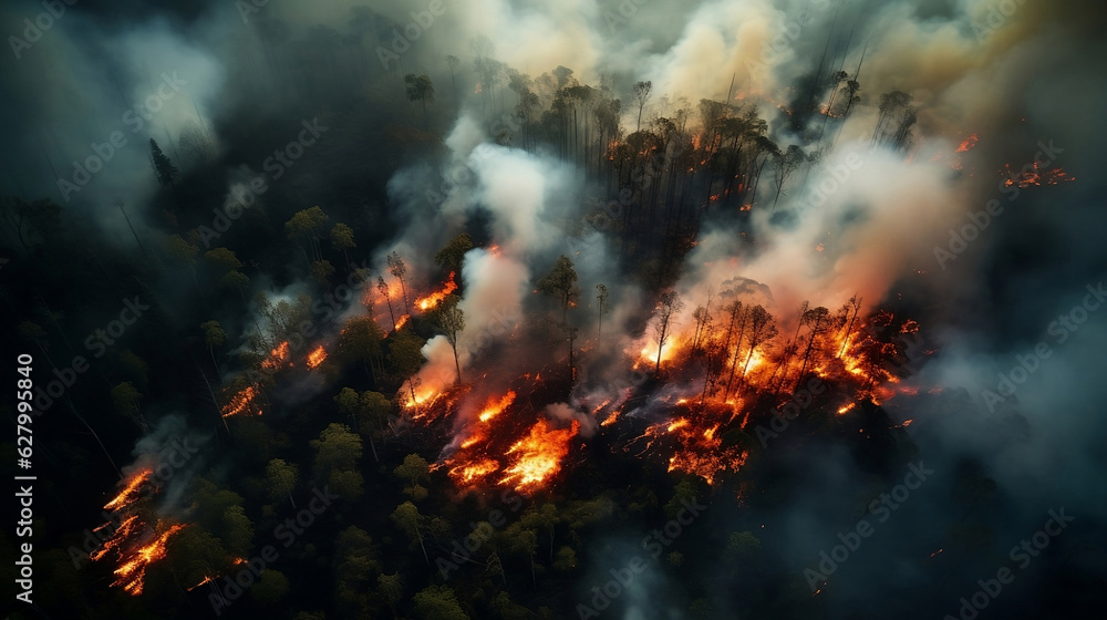Forest fire in the mountains. Aerial drone top view. Fire with smoke ...