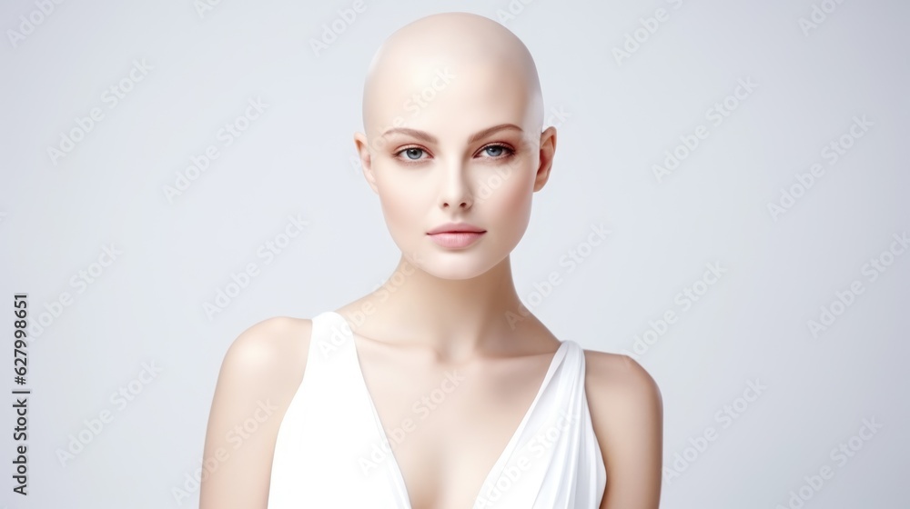 Emotional portrait of a bald fashion model woman on white background ...