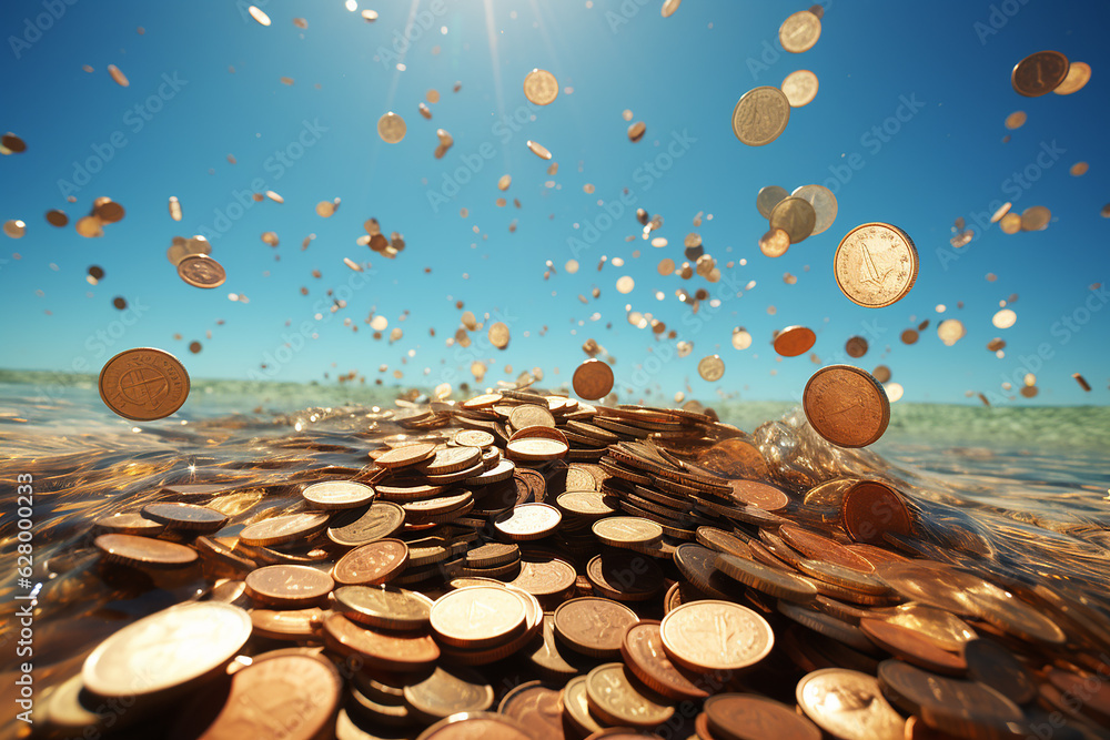 Coins falling from blue sky, sparkling, low angle, Generative AI. Stock ...