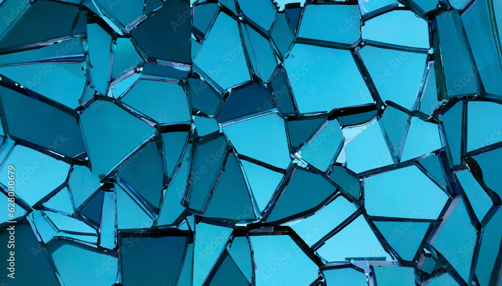 Broken blue glass mosaic. Blue shards background. Broken mirror close ...