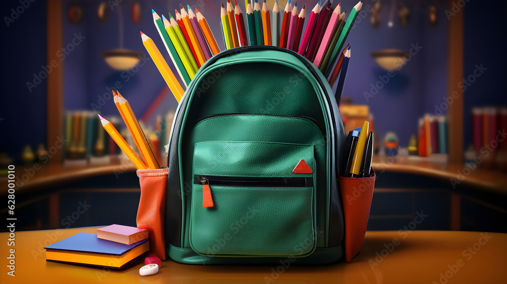 green schoolbag on a desk, backpack for children, child, back to school ...