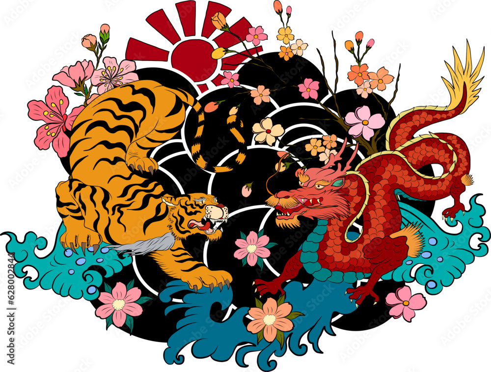 Traditional old dragon battle tiger vector for tattoo design on ...