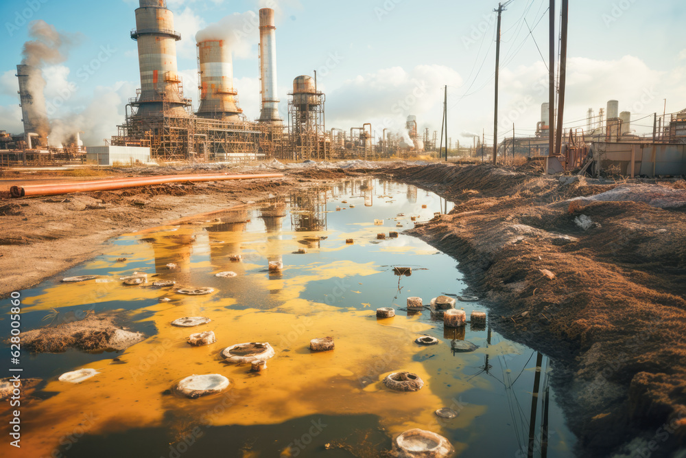 A grim scene of polluted plant with smokestacks billowing toxic ...