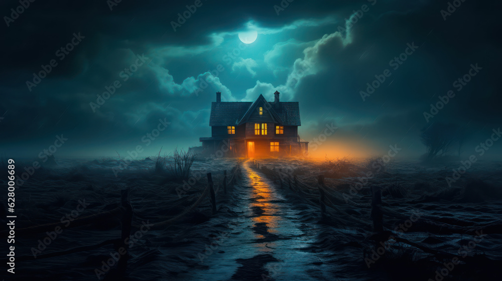 Misty lights a lonely house at night with an man walking Stock ...