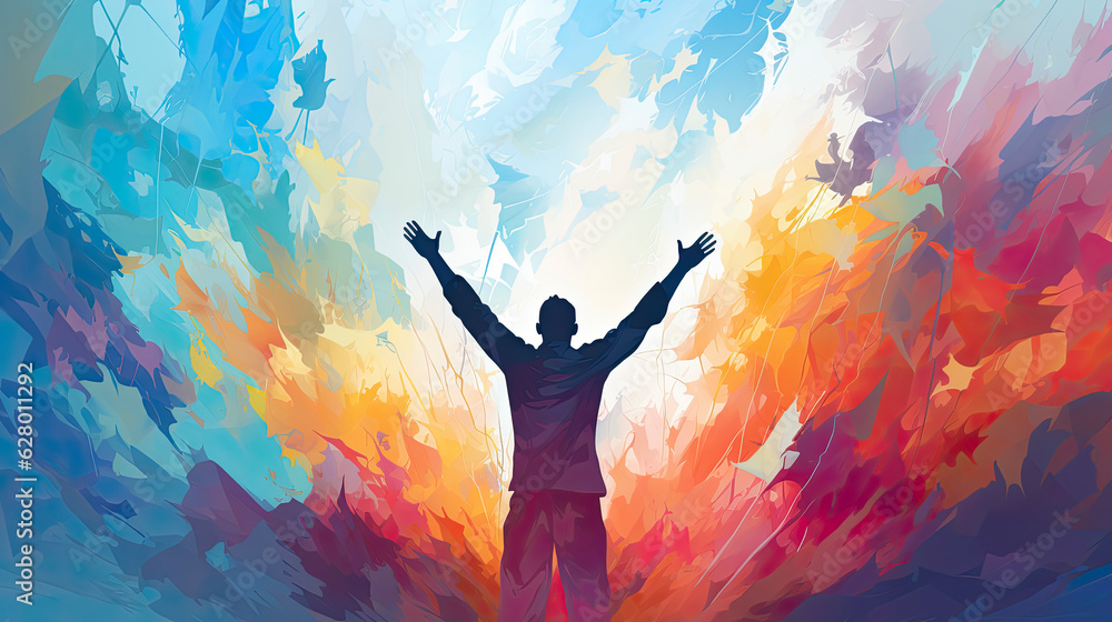 Man raises his hands to worship and praise God. Christian illustration ...